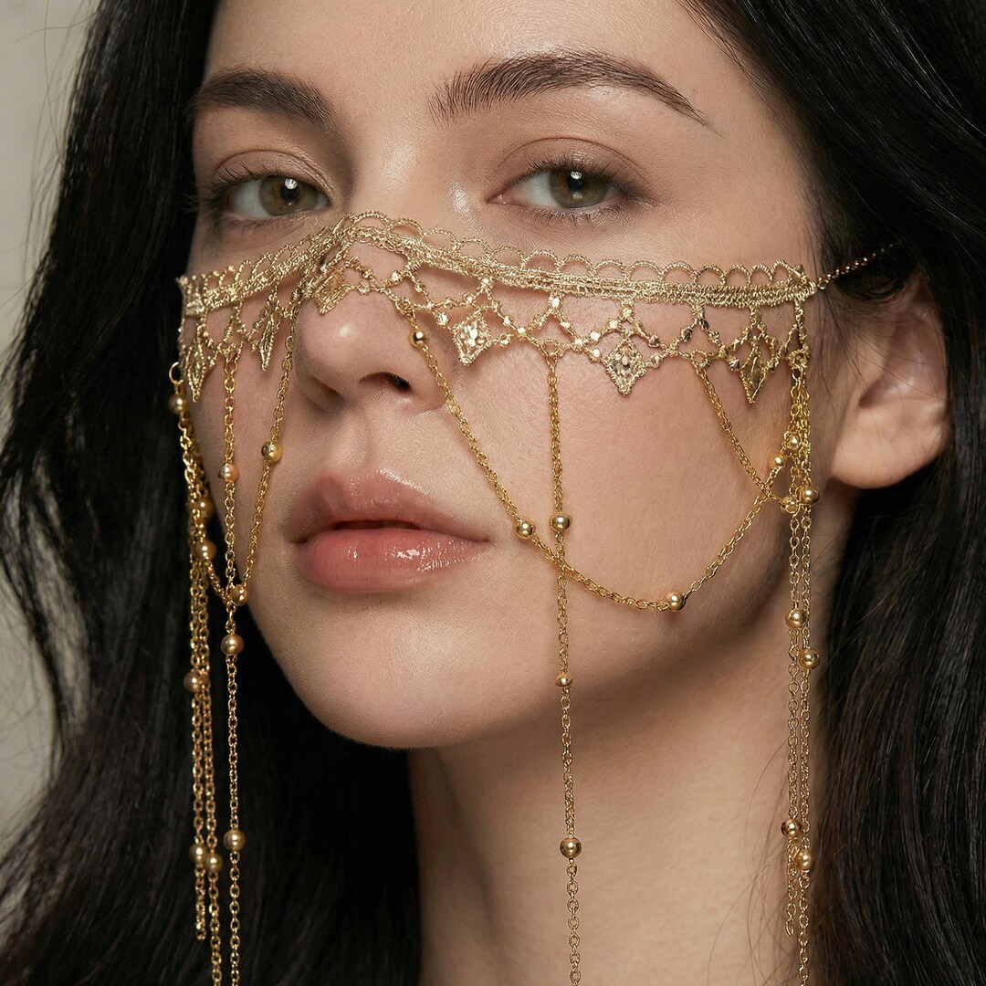 Gold Face Chain Veil Jewelry, Elven Nose Chain Veil, Boho Goddess Face ...