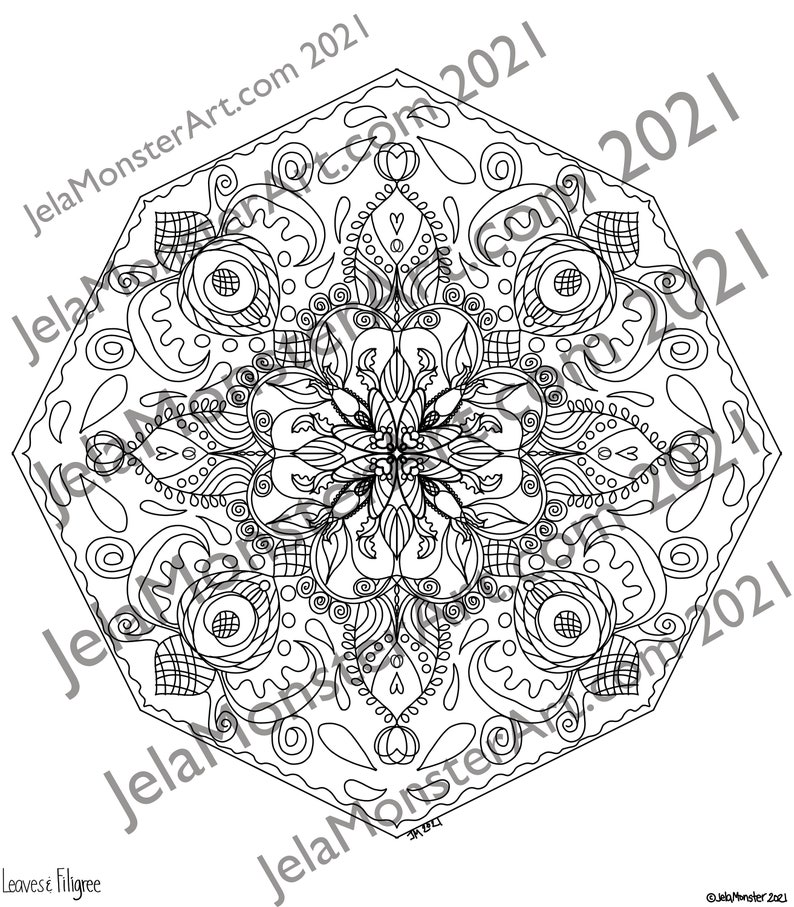 Leaves and Filigree Coloring Page | Etsy