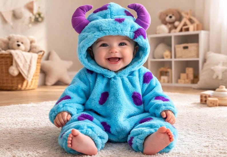 Baby Blue Monster Costume Romper, Plush Hooded Animal Outfit, Infant ...