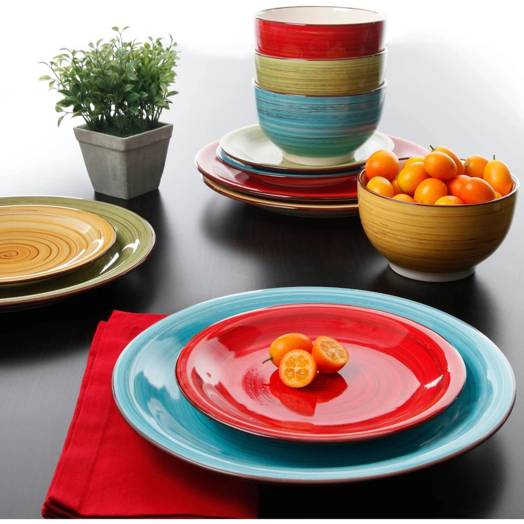Colorful Stoneware Dinnerware Set of 12 | Hand Painted Two-tone Plates ...