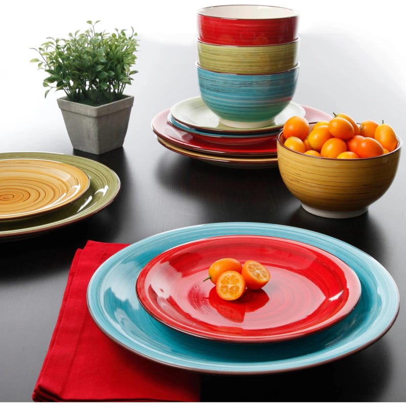 Colorful Stoneware Dinnerware Set of 12 | Hand Painted Two-tone Plates ...