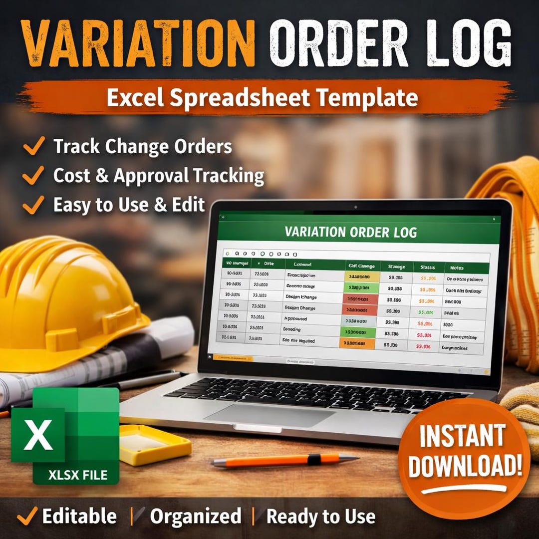 Construction Variation Order Log Excel Template | Change Order Tracker ...