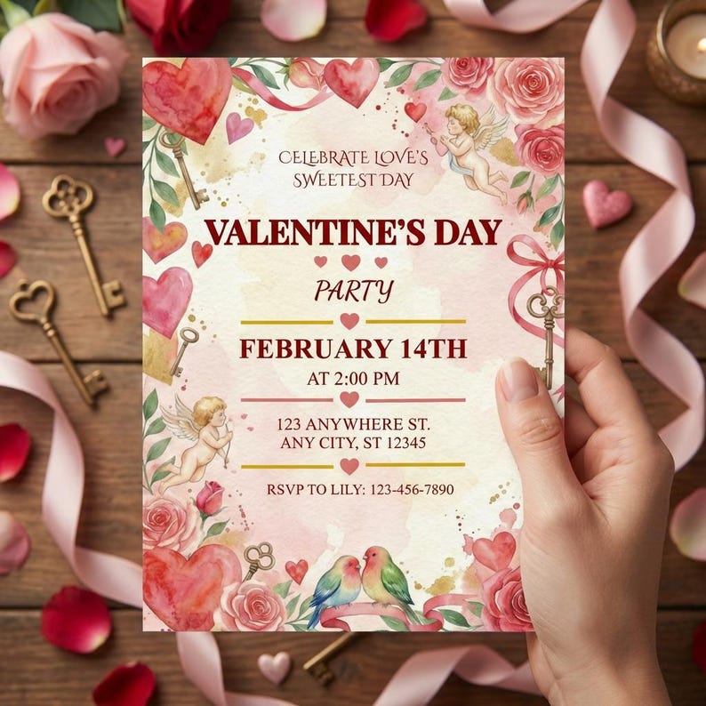 Editable Valentine's Day Party Invitation, Hearts & Roses (digital ...