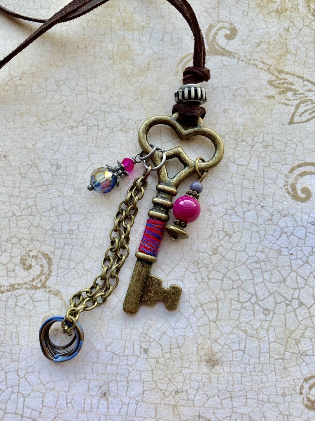 Skeleton Key Antique Bronze Key Charm Necklace Charms Wrapped Pink ...