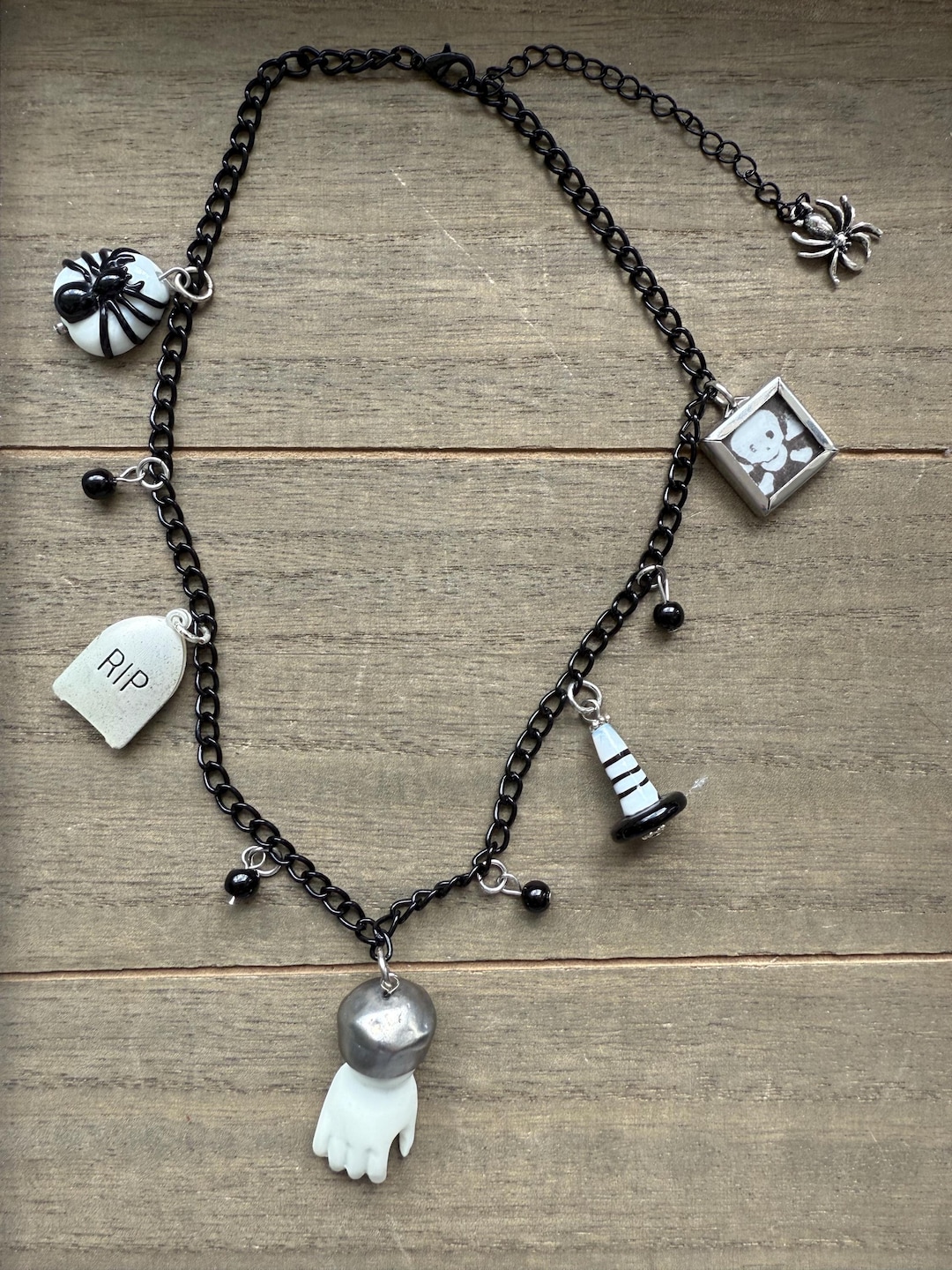 Halloween Wednesday Addams Inspired Thing Hand Black White Spider Charm ...