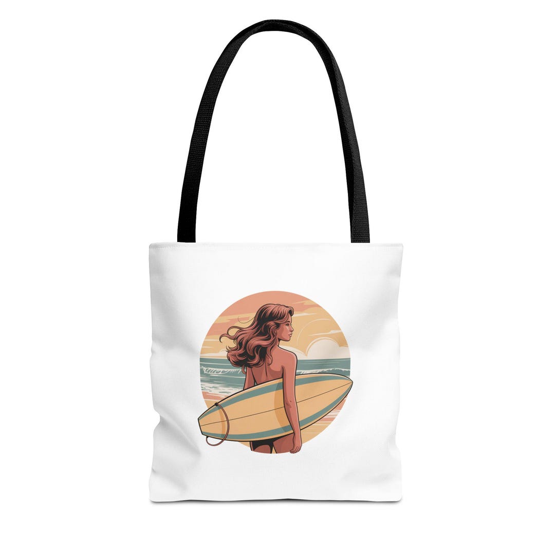 Retro Surf Girl Tote Bag | Beach Sunset Surfboard Circle Art - Etsy