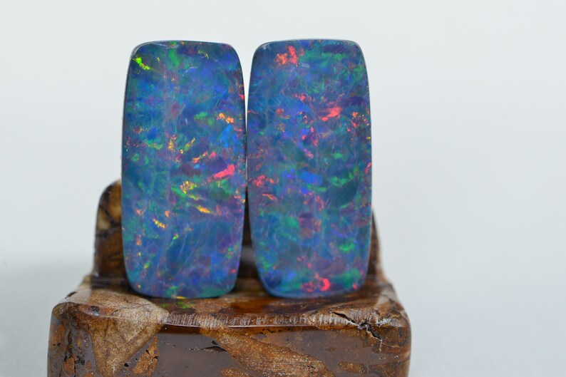 Australian Black Opal Doublet Pair: Metallic Rainbow Rectangle ...