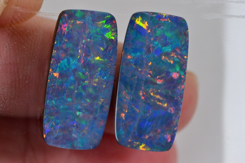 Australian Black Opal Doublet Pair: Metallic Rainbow Rectangle ...