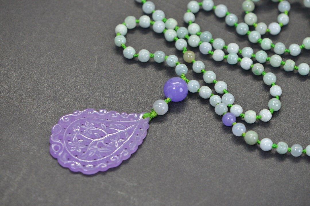 Carved Nephrite Purple and Green Jade Floral Necklace With Lariat Apple ...