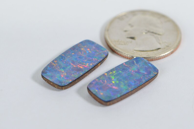 Australian Black Opal Doublet Pair: Metallic Rainbow Rectangle ...