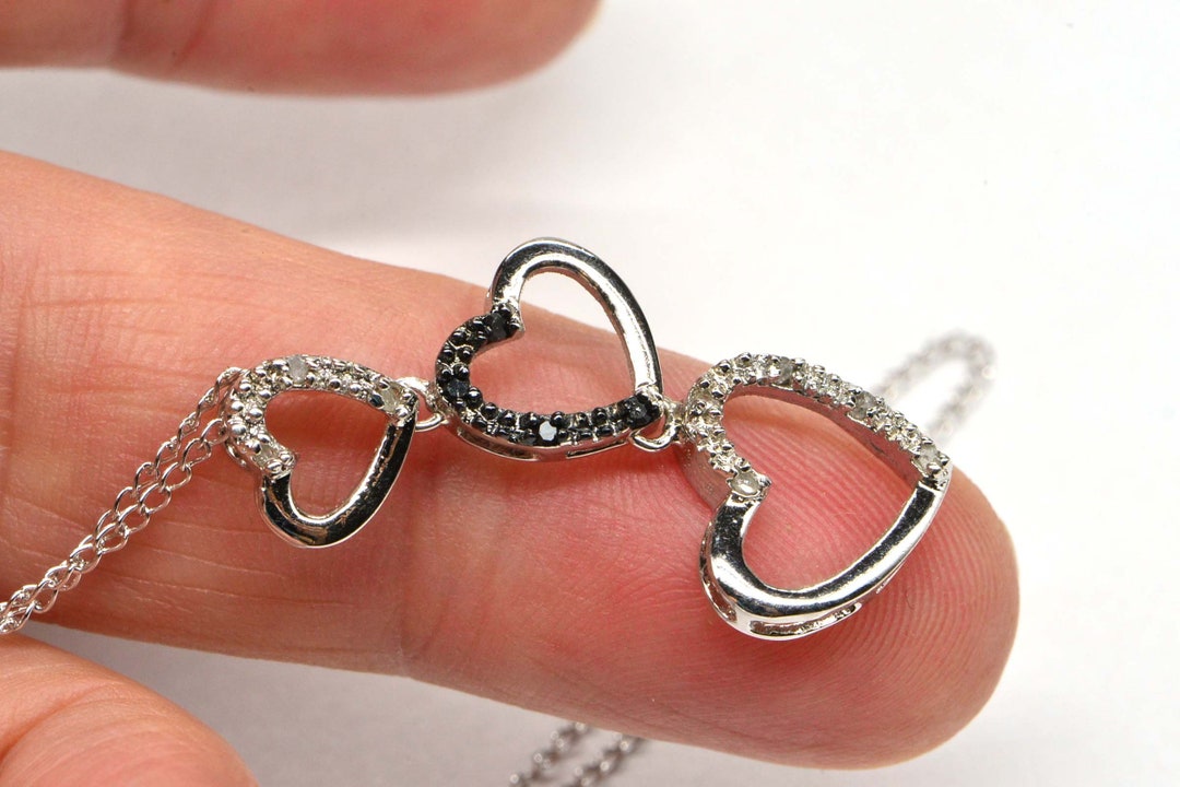 Diamond Three Heart Pendant: Black Diamond, Sterling Silver - Etsy