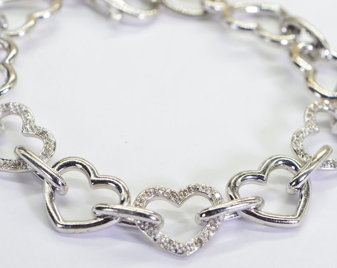 925 Sterling Silver Genuine Diamonds Open Love Hearts Chain Heavy Large ...