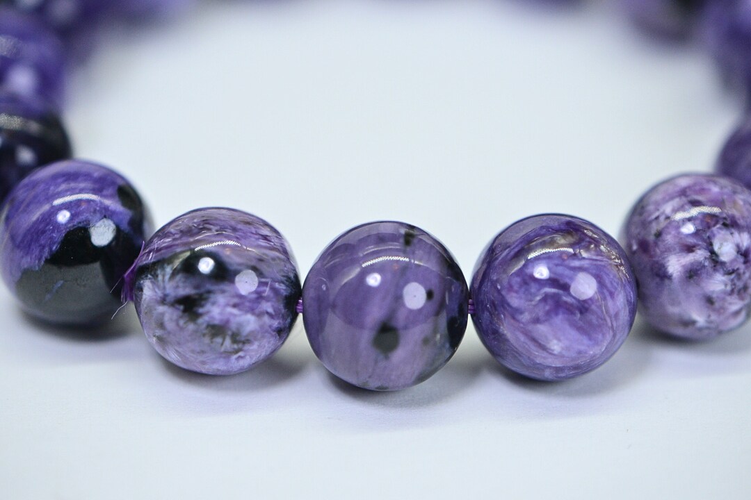 Russian Charoite 13mm Round Beads Bracelet Stretch Cord Deep Purple ...