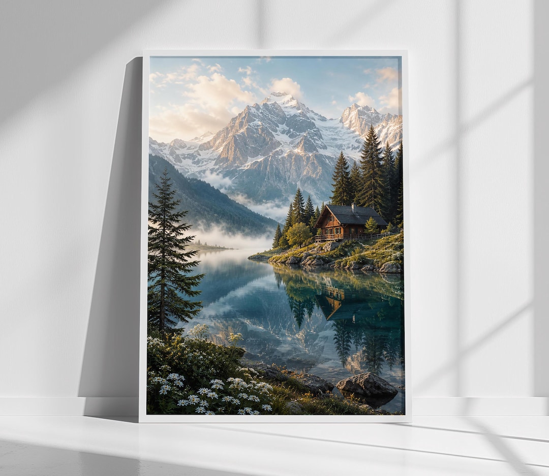 Alpine Lake Cabin Print, Snowy Mountain Landscape Poster, Pine Forest ...