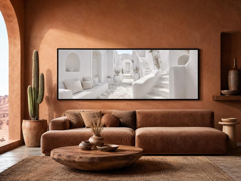 White Cycladic Courtyard Panoramic Wall Art, Minimal Greek Island Print ...