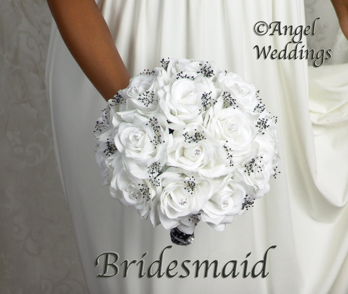 DAMASK BLACK WHITE Wedding Bouquet Bridal Package Silk Flowers ...