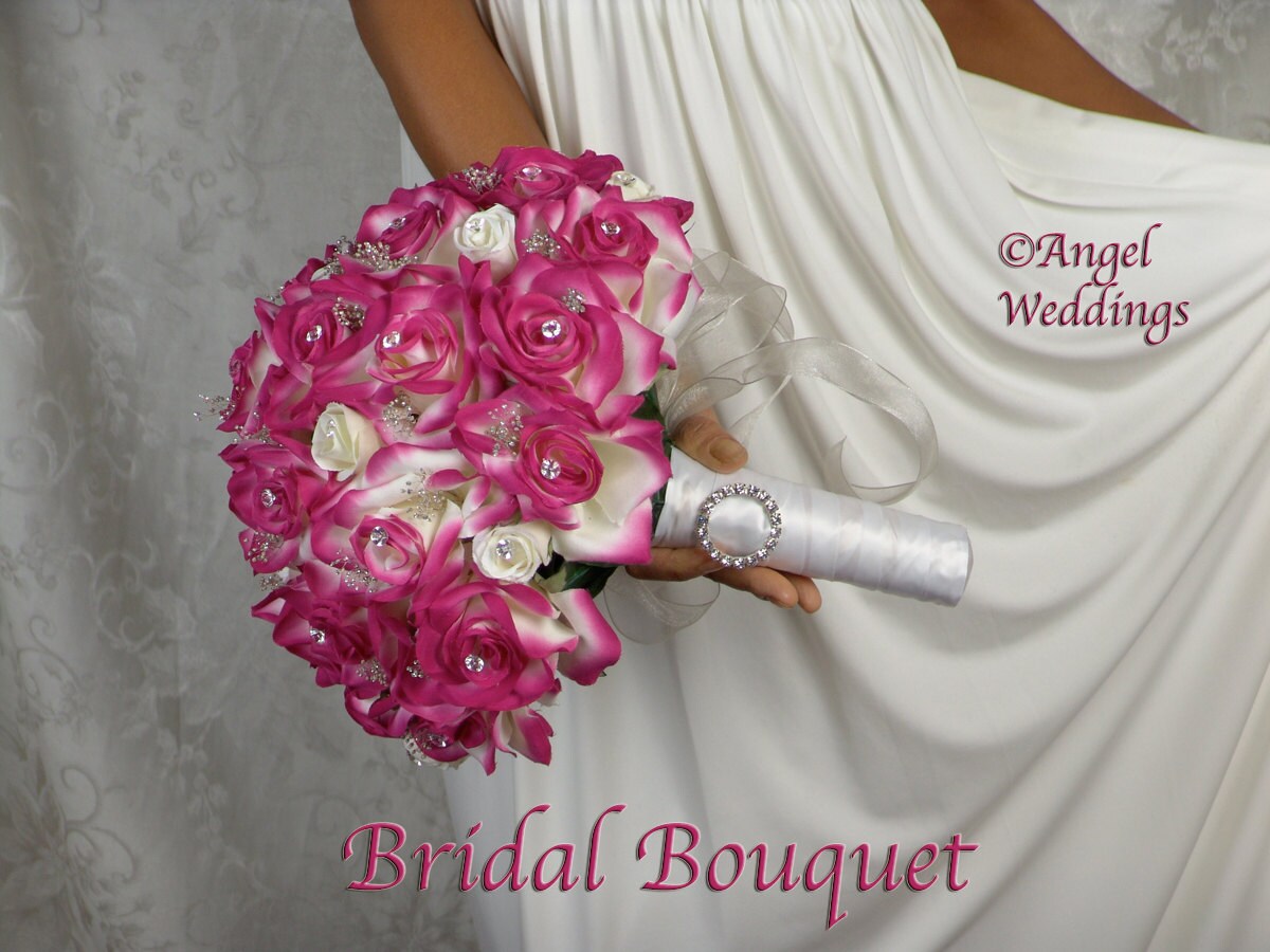 Love FUSCHIA CREAM Wedding Bouquet Bouquets Package Silk Flowers ...