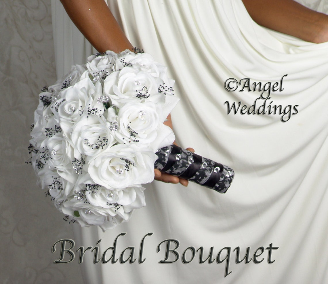 DAMASK BLACK WHITE Wedding Bouquet Bridal Package Silk Flowers ...