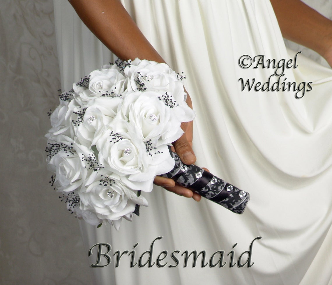 DAMASK BLACK WHITE Wedding Bouquet Bridal Package Silk Flowers ...