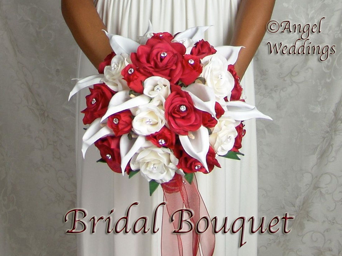 Love CALLA WHITE RED Bridal Groom Wedding Bouquets Bouquet Silk Flowers ...