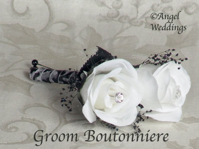 DAMASK BLACK WHITE Wedding Bouquet Bridal Package Silk Flowers ...