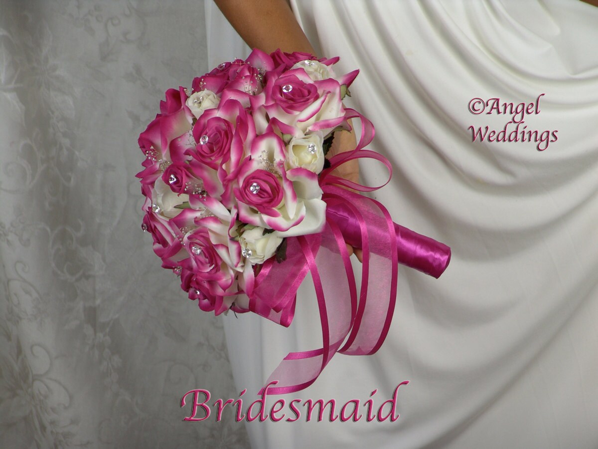 Love FUSCHIA CREAM Wedding Bouquet Bouquets Package Silk Flowers ...