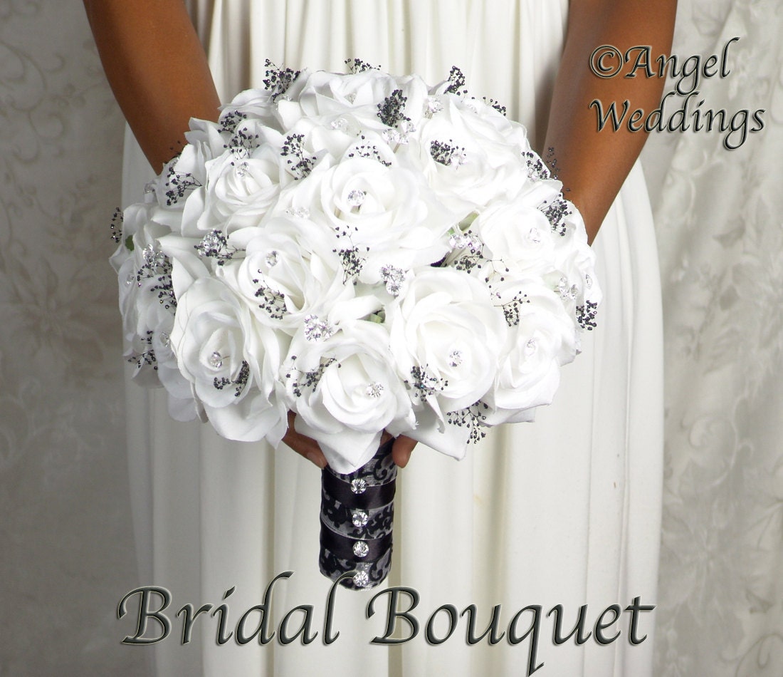 DAMASK BLACK WHITE Wedding Bouquet Bridal Package Silk Flowers ...
