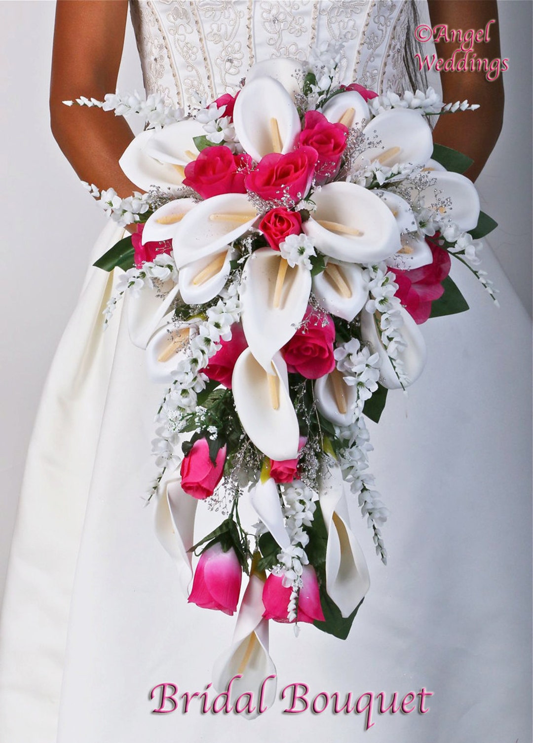 Love ARIEL FUSCHIA Wedding Bouquet Package Bridal Bridesmaid Groom ...