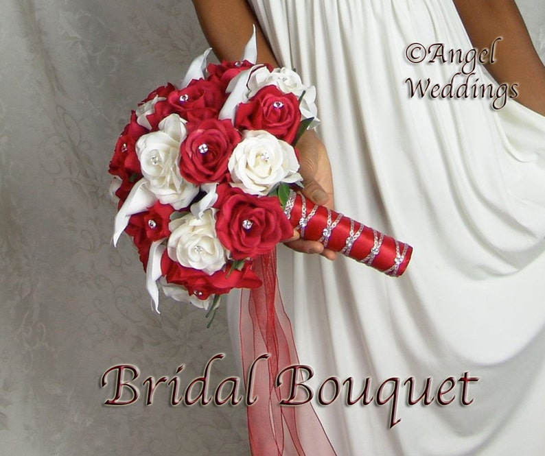 Love CALLA WHITE RED Bridal Groom Wedding Bouquets Bouquet Silk Flowers ...