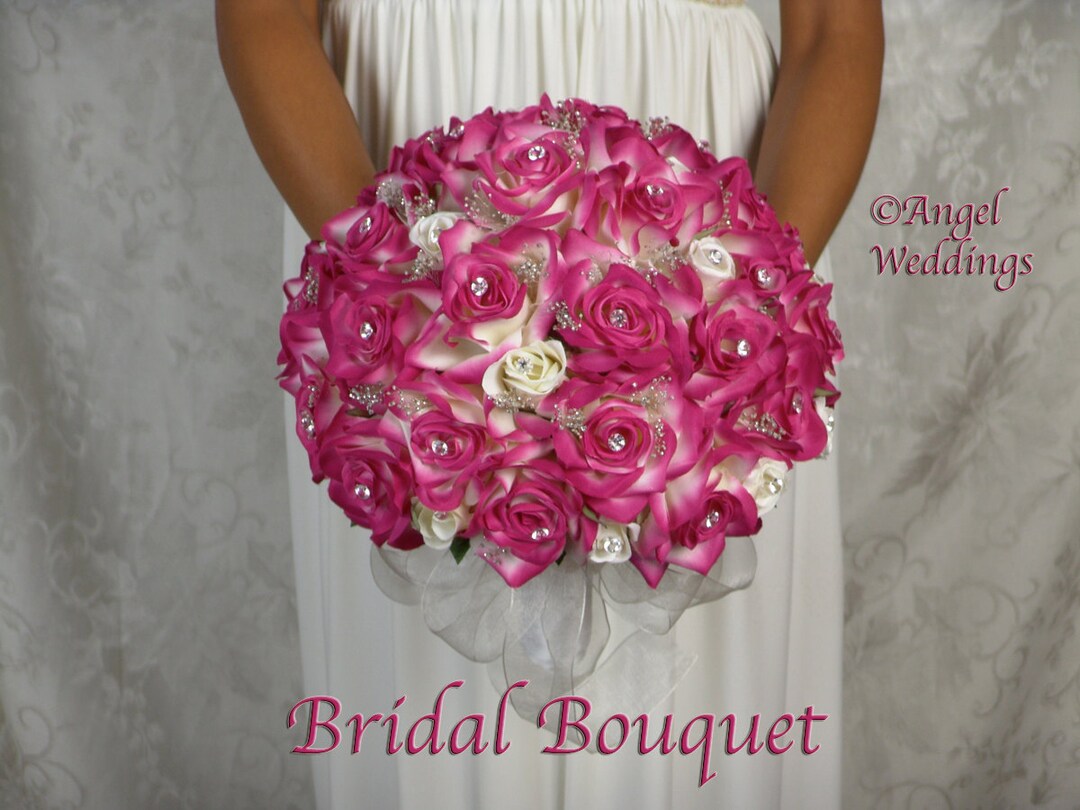 Love FUSCHIA CREAM Wedding Bouquet Bouquets Package Silk Flowers ...