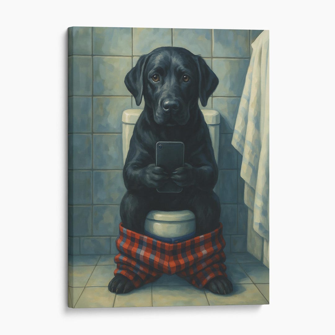 Black Labrador Retriever on the Toilet on the Phone | Canvas Wall Art ...
