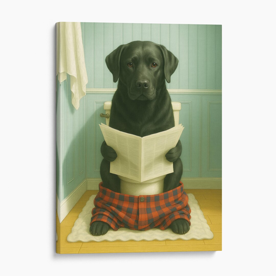 Black Labrador Retriever Dog Reading the Newspaper on the Toilet ...