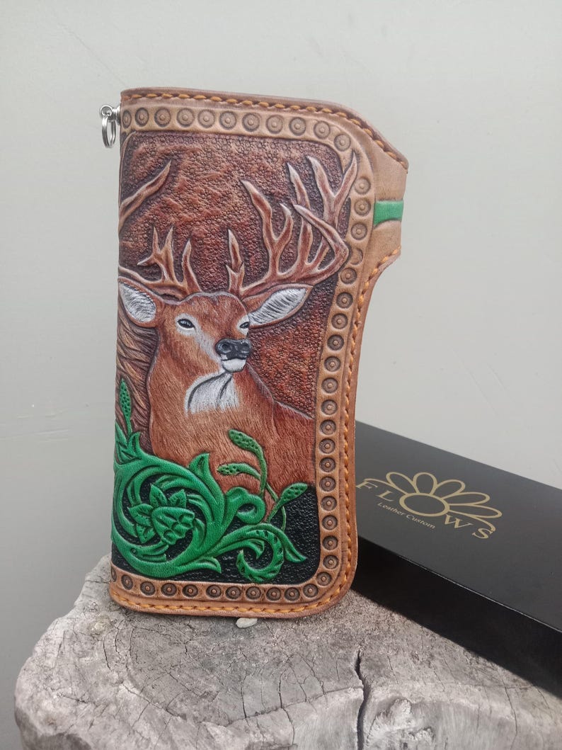 Hand-carved Lion and Deer Leather Long Wallet, Biker Wallets Tooled ...