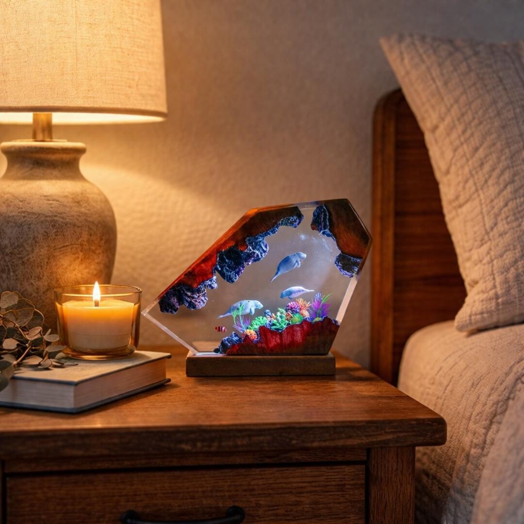 Manatee Family Resin Lamp – Ocean Epoxy Wood LED Night Light, Manatee ...
