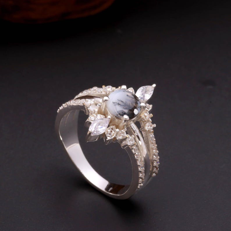 Round Cut Dendrite Agate Ring, 925 Sterling Silver Handmade Jewelry ...
