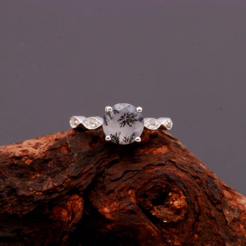 Round Dendrite Opal Ring, 925 Sterling Silver, Boho Solitaire ...