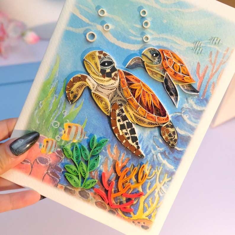 Handmade Sea Turtle Quilling Card: 6x6 Ocean Marine Life Greeting Card ...