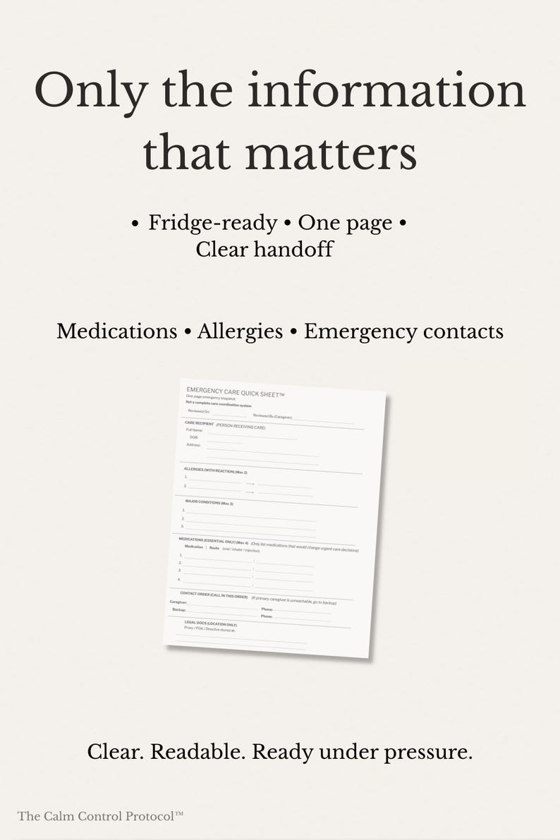 Emergency Care Quick Sheet Printable | One Page Caregiver Handoff ...