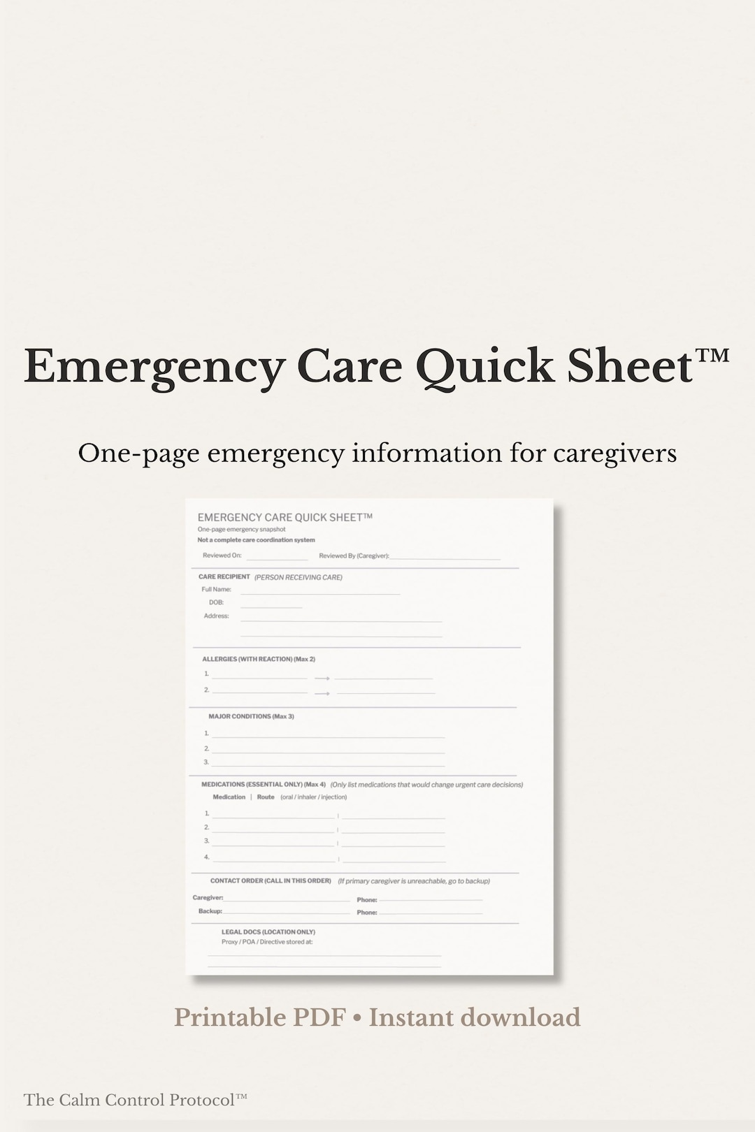 Emergency Care Quick Sheet Printable | One Page Caregiver Handoff ...