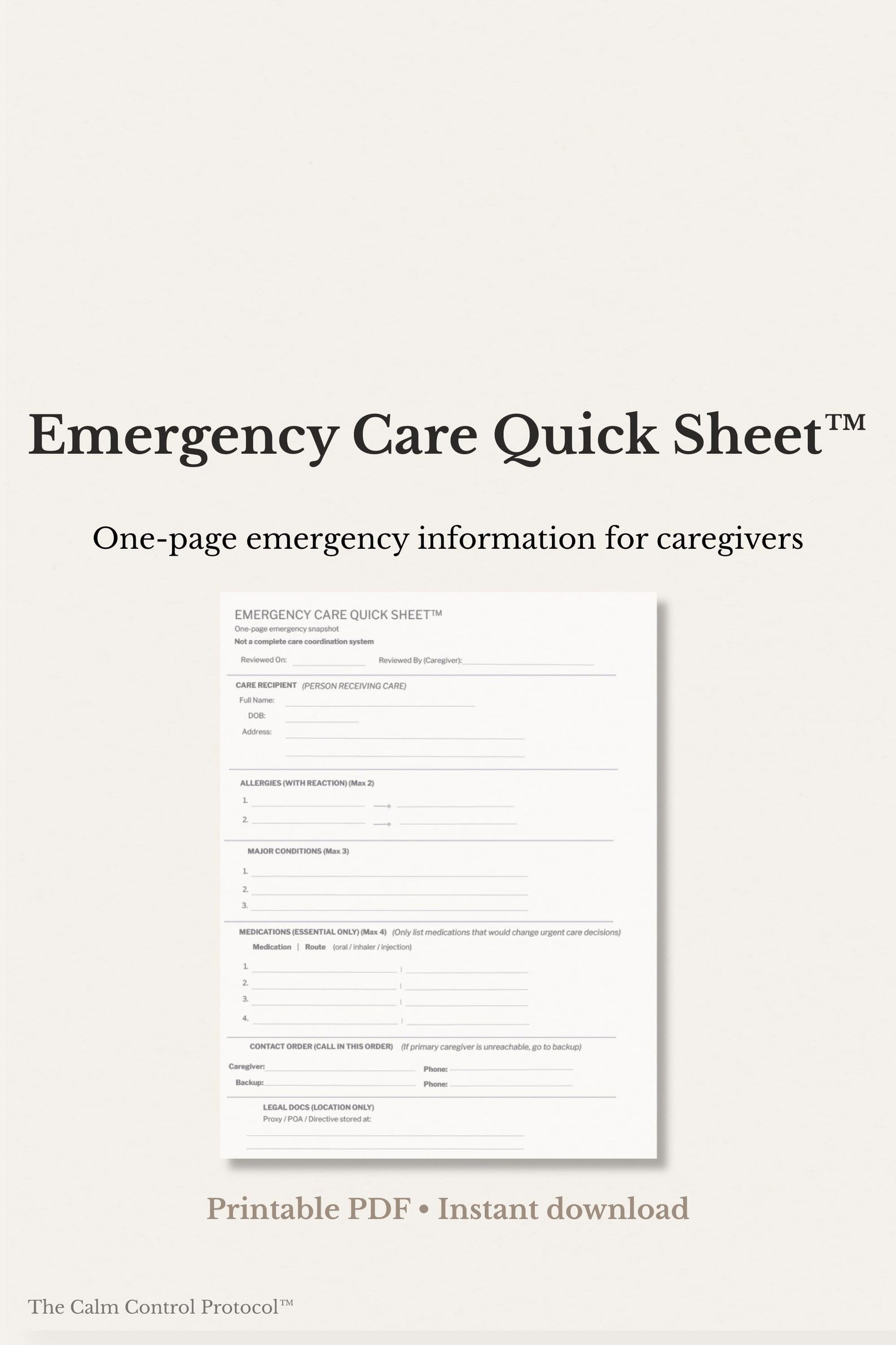 Emergency Care Quick Sheet Printable | One Page Caregiver Handoff ...