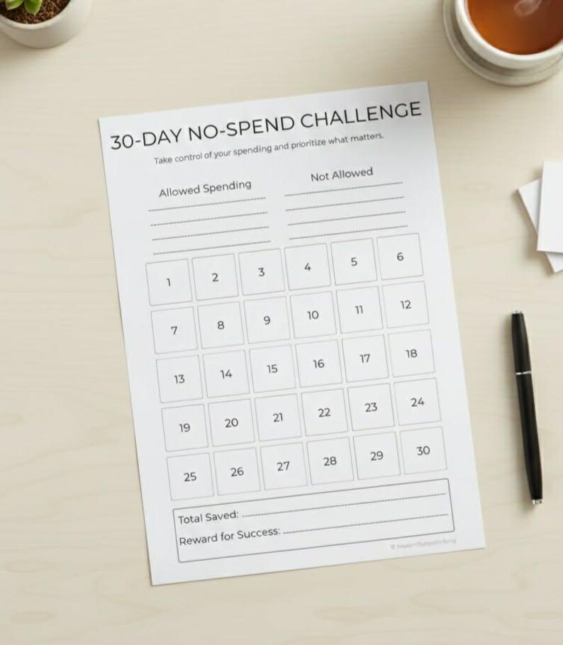 30-day No-spend Challenge Printable, Minimalist Savings Tracker ...