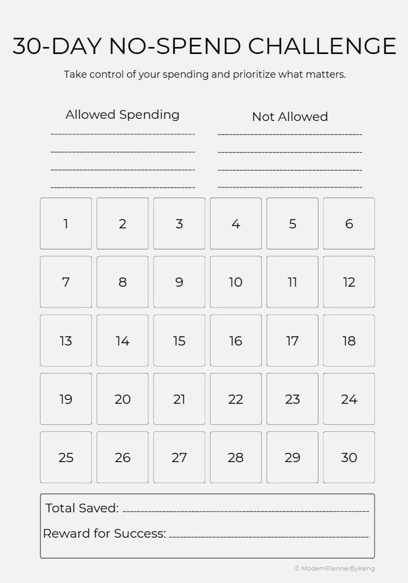 30-day No-spend Challenge Printable, Minimalist Savings Tracker ...