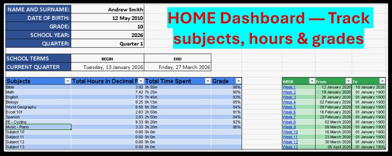 Homeschool Time and Grade Tracker | Weekly Log, Subject Hours ...