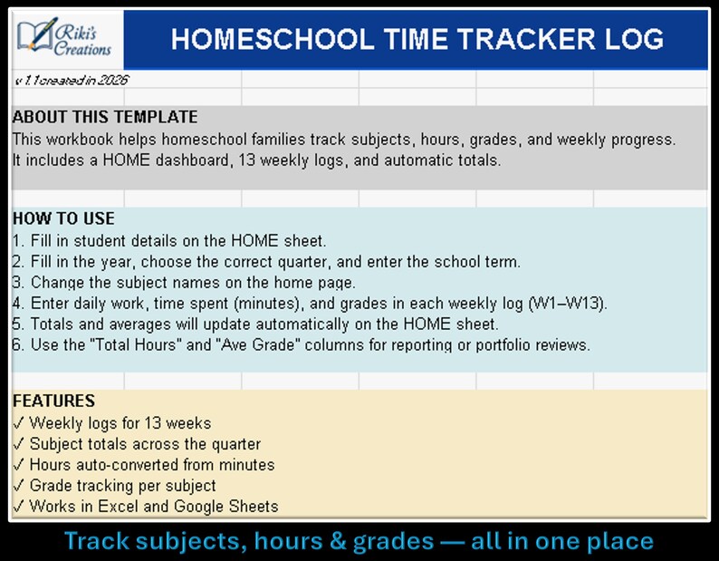 Homeschool Time and Grade Tracker | Weekly Log, Subject Hours ...