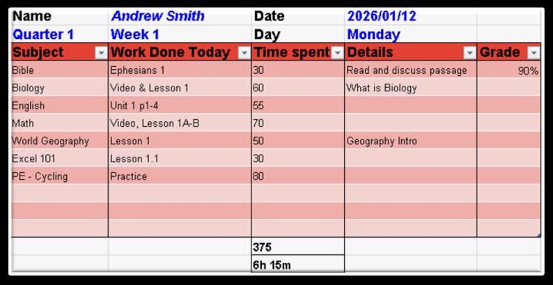 Homeschool Time and Grade Tracker | Weekly Log, Subject Hours ...