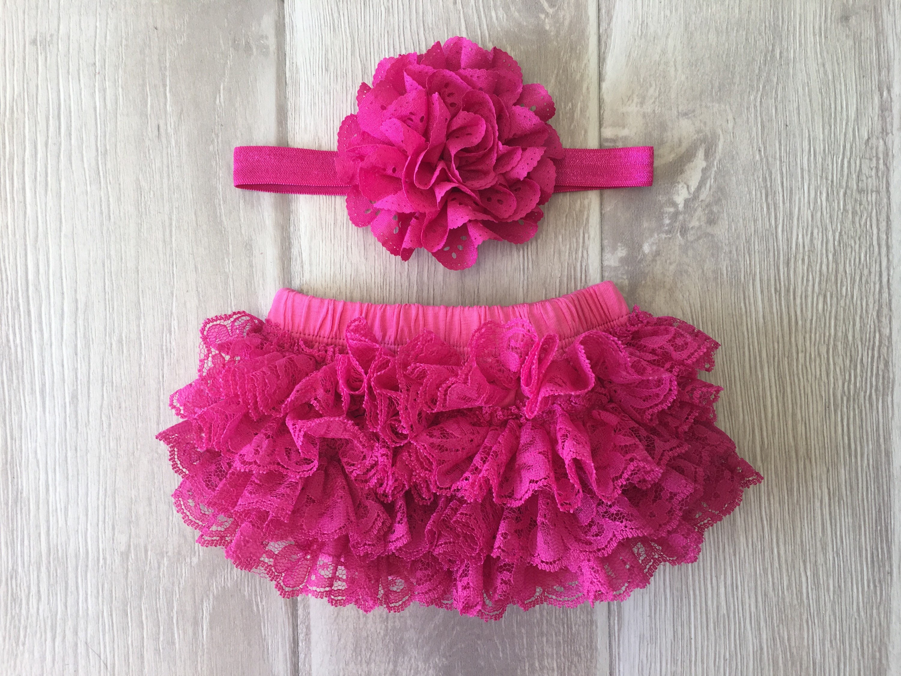 Baby Girl Ruffle Bottom Lace Bloomer & Headband Set in Hot | Etsy