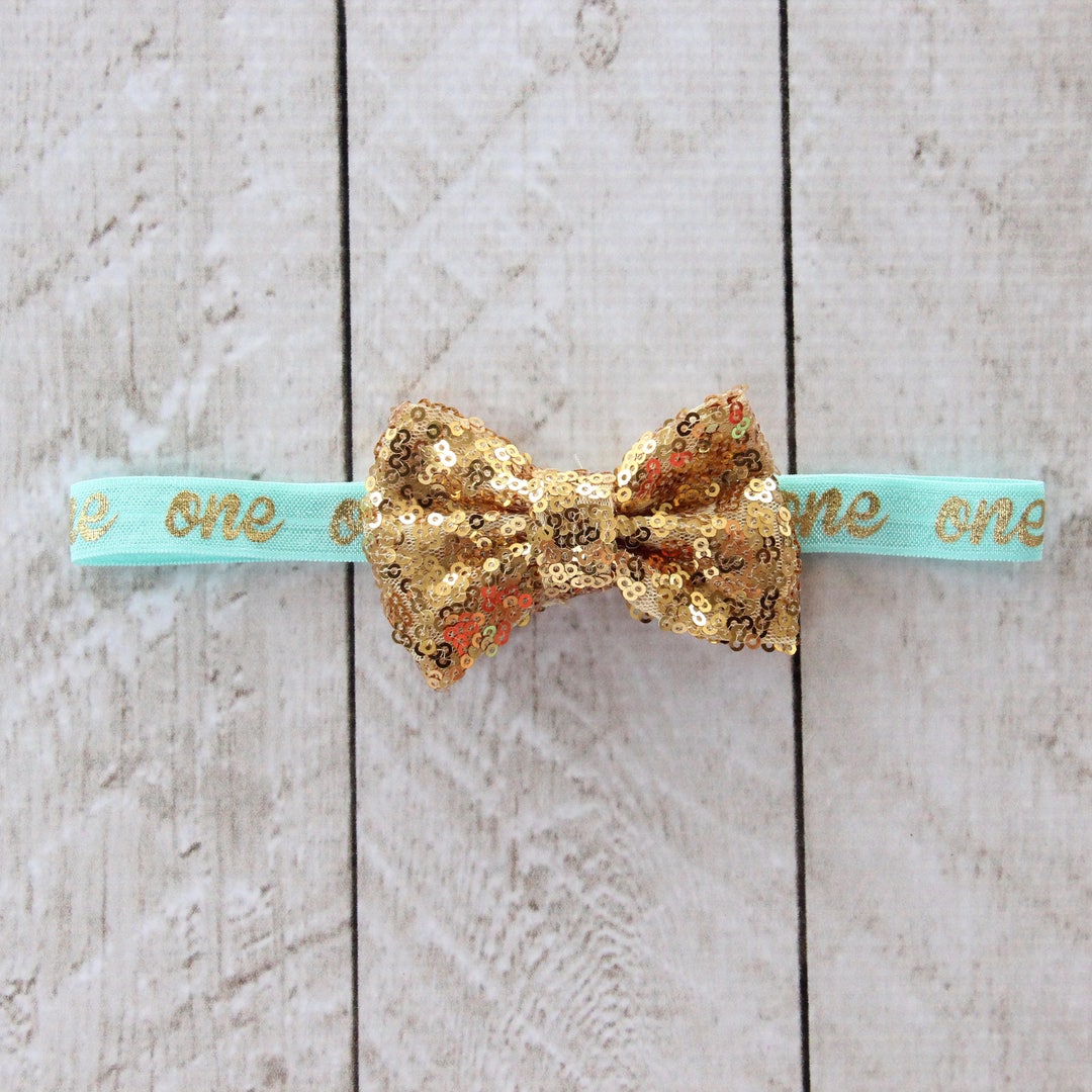 First Birthday "one" Sequin Bow Headband in Aqua and Gold - 1st ...