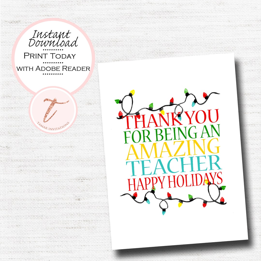 Holiday Teacher Thank You Card, Printable PDF (instant Download) - Etsy