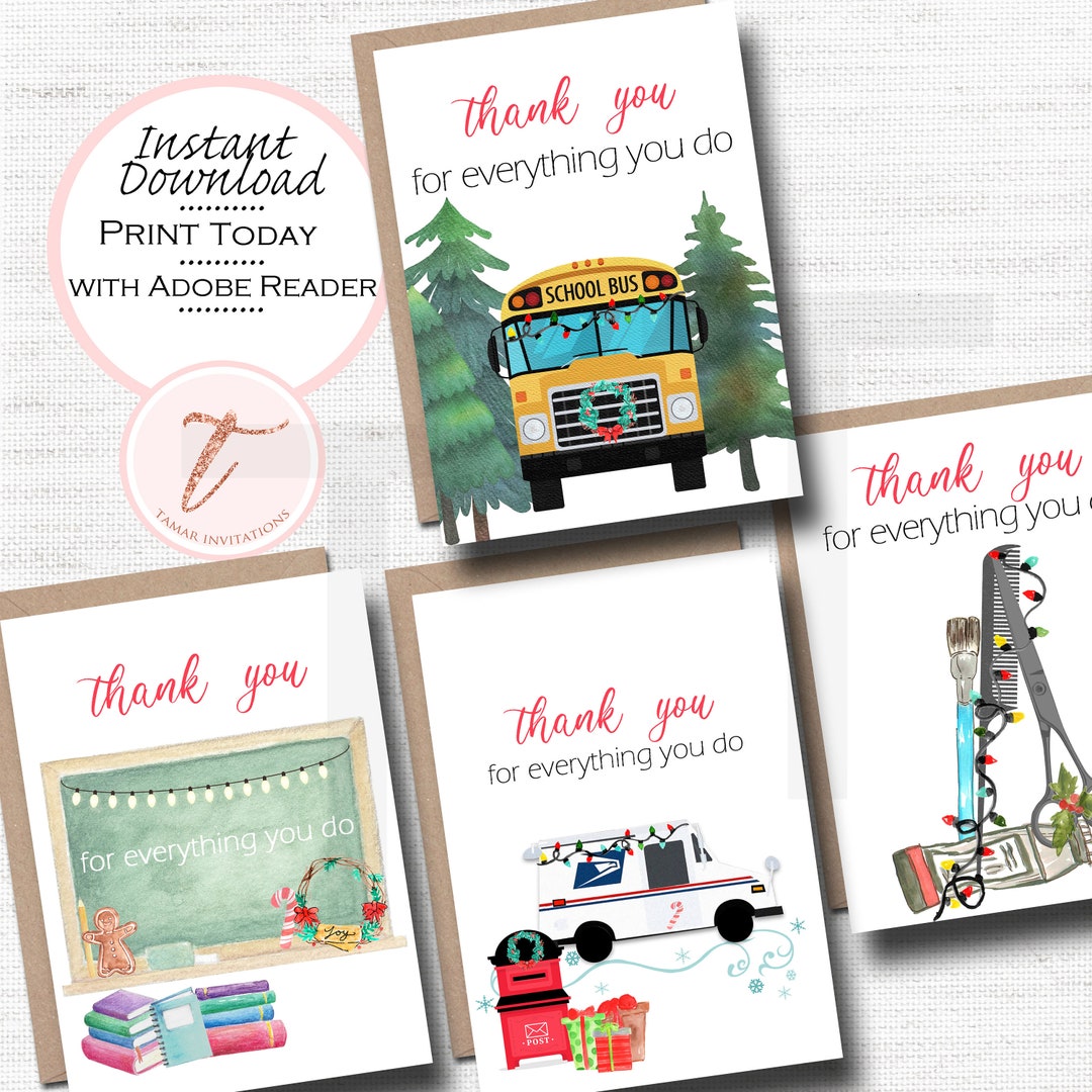 Instant Printable Thank You Cards, Appreciation Holiday Card, Thank You ...
