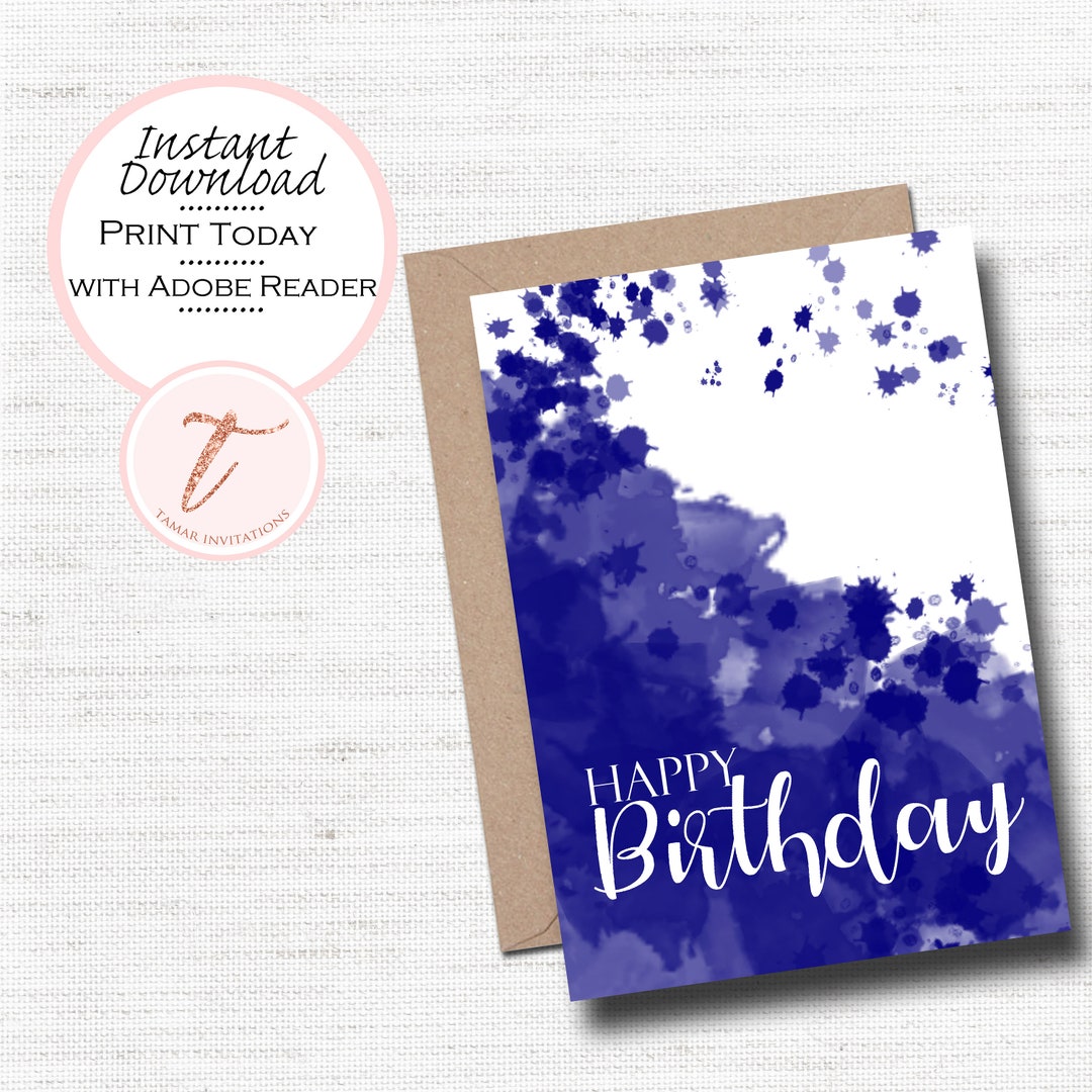 Digital Birthday Card Ink Blot Happy Birthday Deep Blue White ...